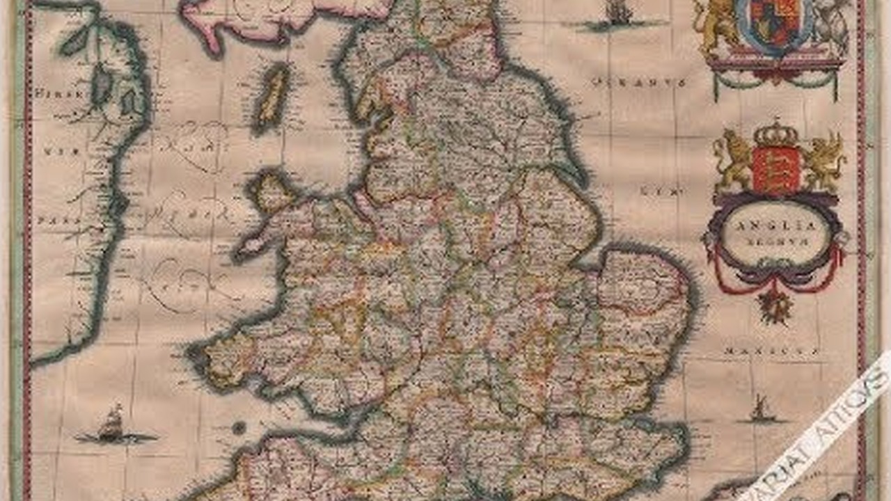 Dekoracyjna mapa Anglii z ok. 1634 r., Anglia Regnum Willema Janszoona ...